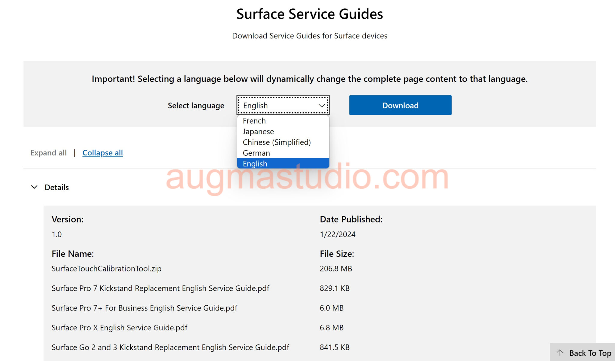Surface service guides made available for public to download - AugmaStudio