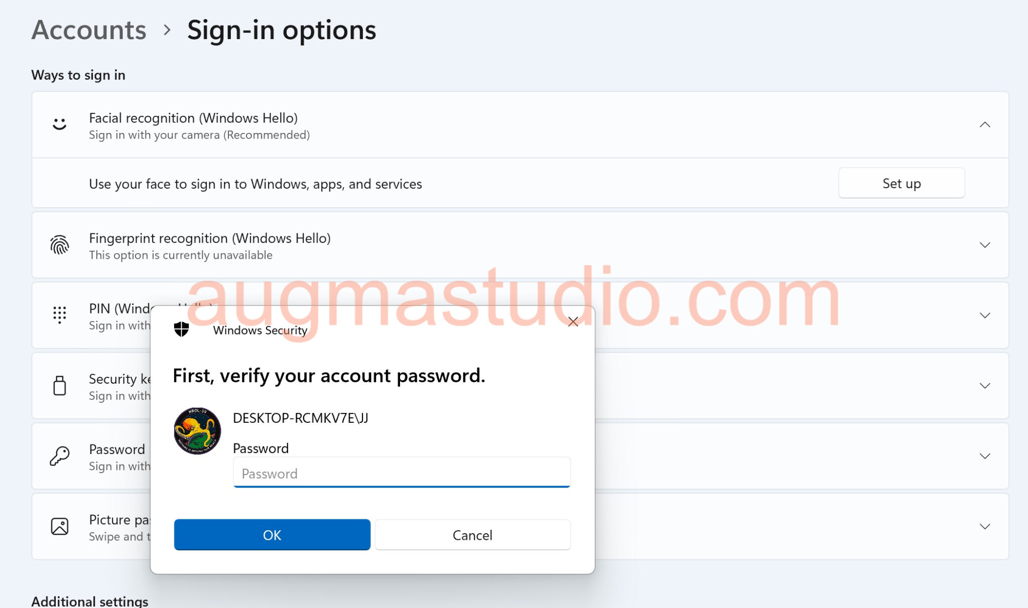 Solution for Windows Hello Facial recognition unable to add - AugmaStudio